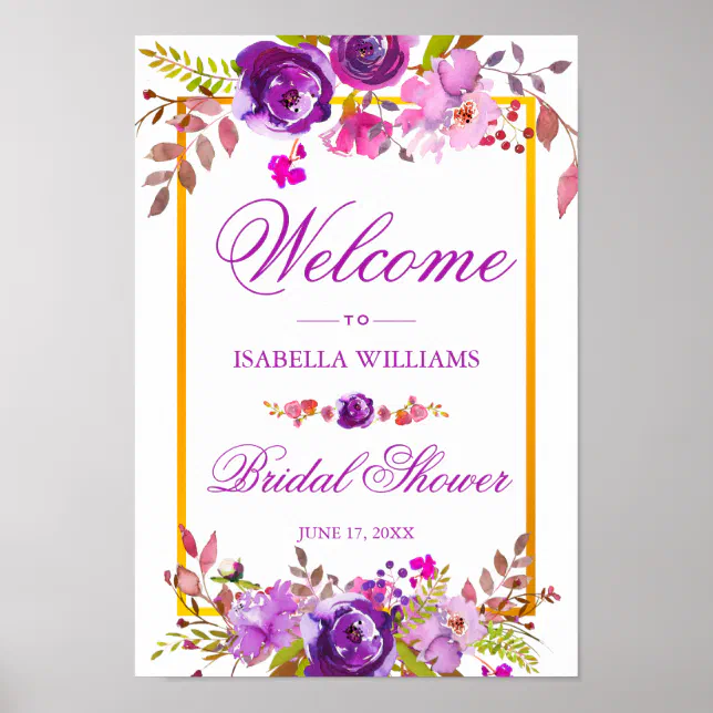 Welcome Sign | Elegant Chic Gold Purple Floral | Zazzle