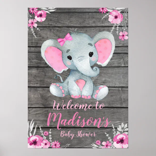 Welcome Sign Poster Elephant Rustic Pink Floral | Zazzle