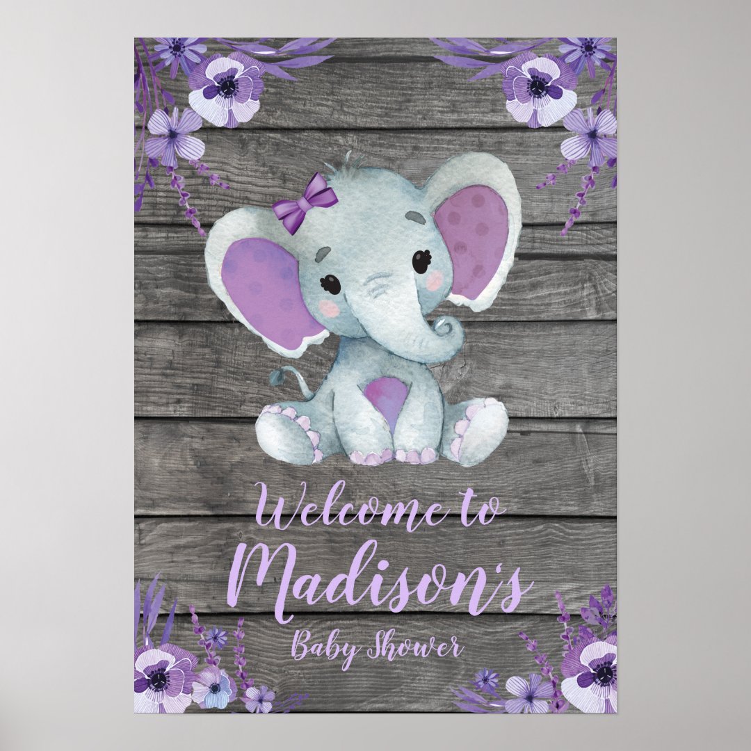 Welcome Sign Poster Elephant Rustic Purple Floral | Zazzle