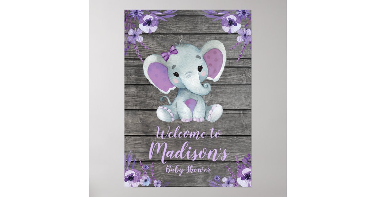 Welcome Sign Poster Elephant Rustic Purple Floral | Zazzle