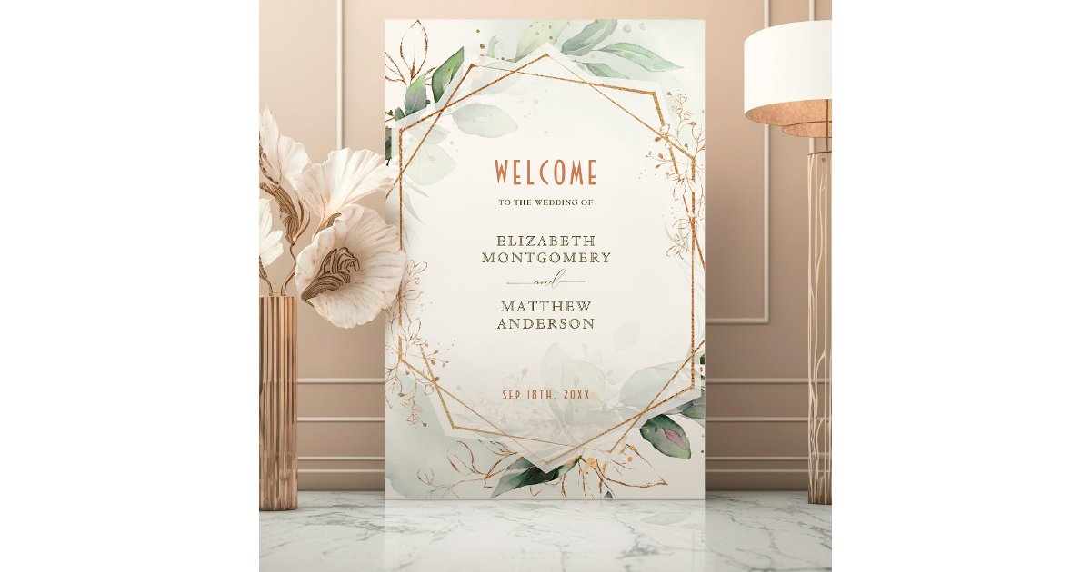 Welcome Sign Wedding Green & Gold Geometric | Zazzle