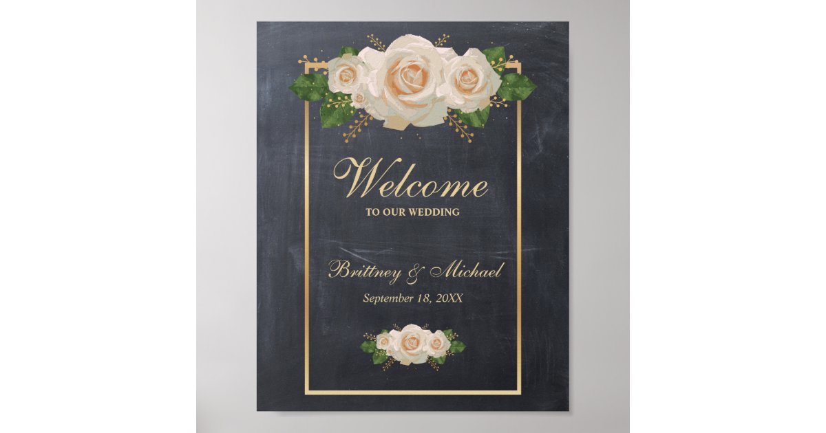 Welcome Sign White Roses Gold Frame | Wedding | Zazzle
