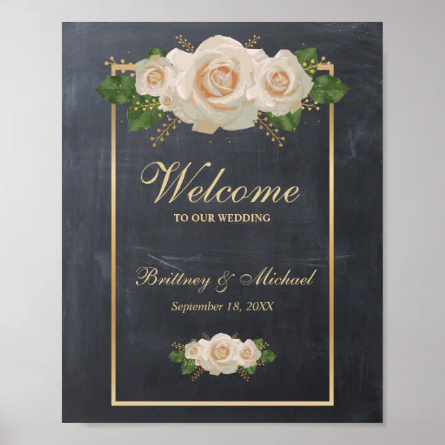 Welcome Sign White Roses Gold Frame | Wedding | Zazzle