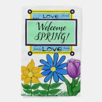 Welcome Spring Yellow Blue Purple Flowers Garden Flag | Zazzle