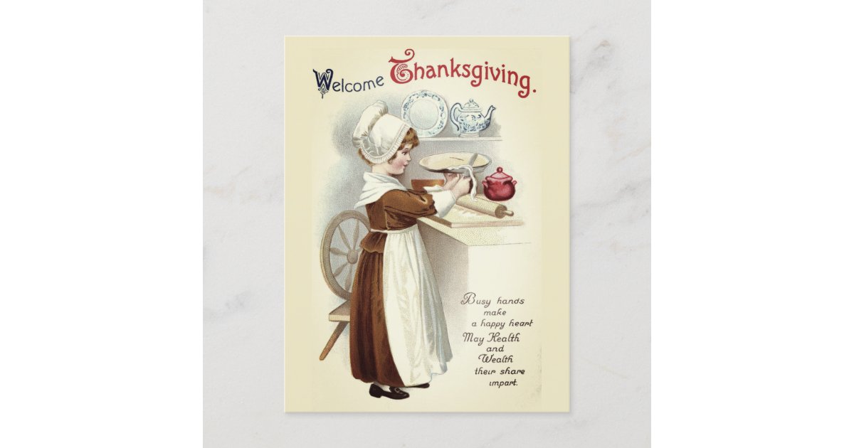 Welcome Thanksgiving Vintage Pilgrim Girl Postcard | Zazzle
