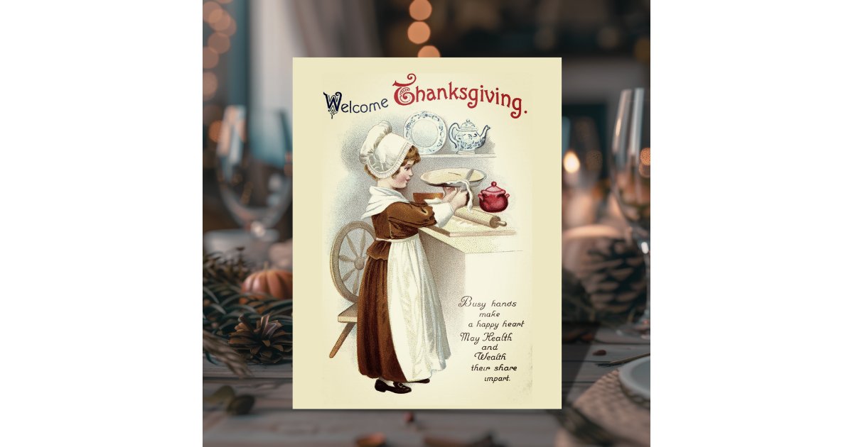 Welcome Thanksgiving Vintage Pilgrim Girl Postcard | Zazzle
