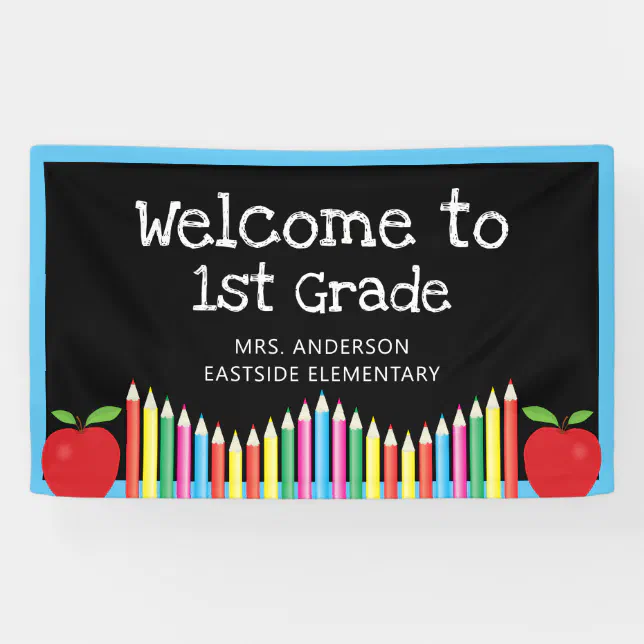 Welcome To First Grade Apple Colored Pencils Banner | Zazzle