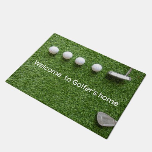 Welcome to golfer's home with golf balls & putter doormat | Zazzle