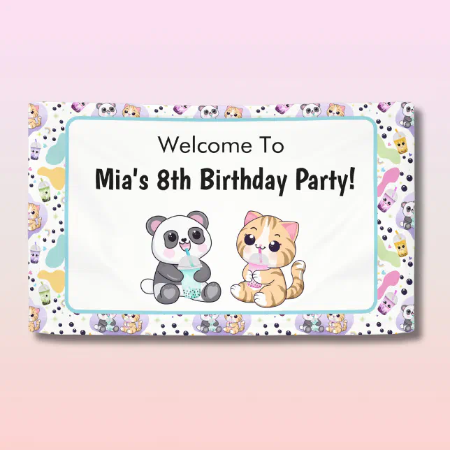 Welcome To Kawaii Panda & Tiger Bubble Tea Party Banner | Zazzle