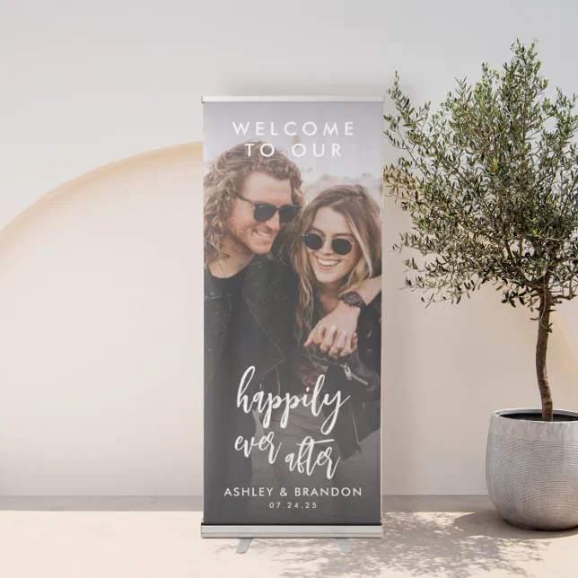 Welcome To Our Happily Ever After Wedding Photo Retractable Banner Zazzle