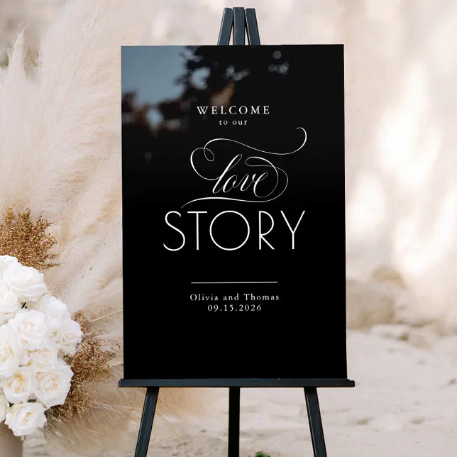 Welcome To Our Love Story Black Wedding Welcome Acrylic Sign | Zazzle