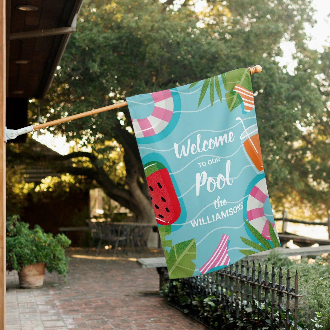 Welcome to Our Swimming Pool Custom Name House Flag | Zazzle