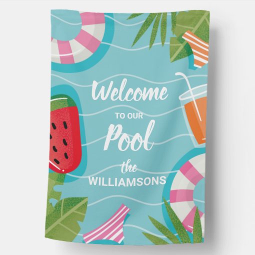 Welcome to Our Swimming Pool Custom Name House Flag | Zazzle
