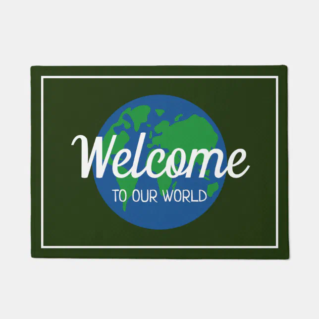 Welcome to our world globe map custom welcome doormat | Zazzle