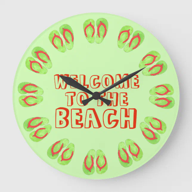 Welcome to the Beach Green Flip Flops Vacation Large Clock | Zazzle