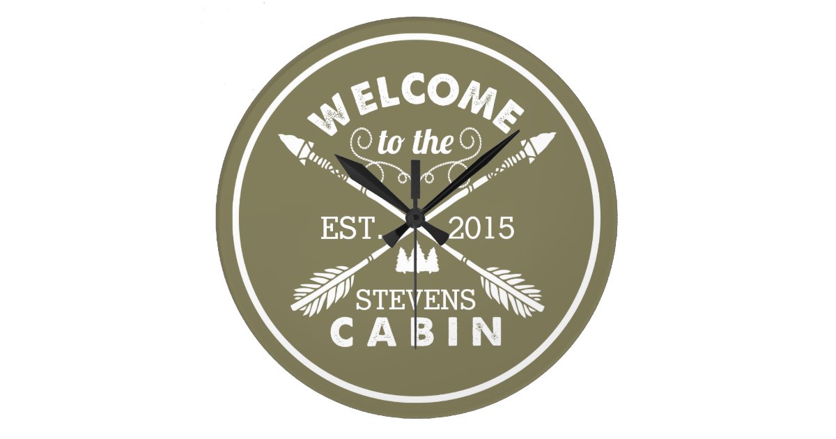 Welcome to the Cabin | Rustic Arrows & Pine Tree Large Clock | Zazzle