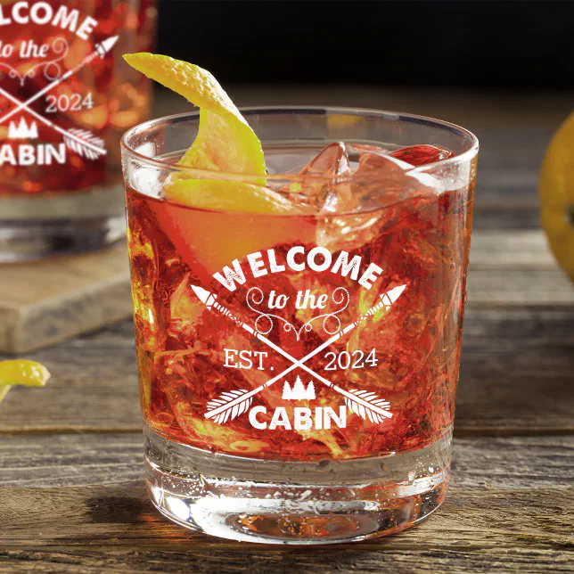 Welcome to the Cabin | Rustic Arrows Whiskey Glass | Zazzle
