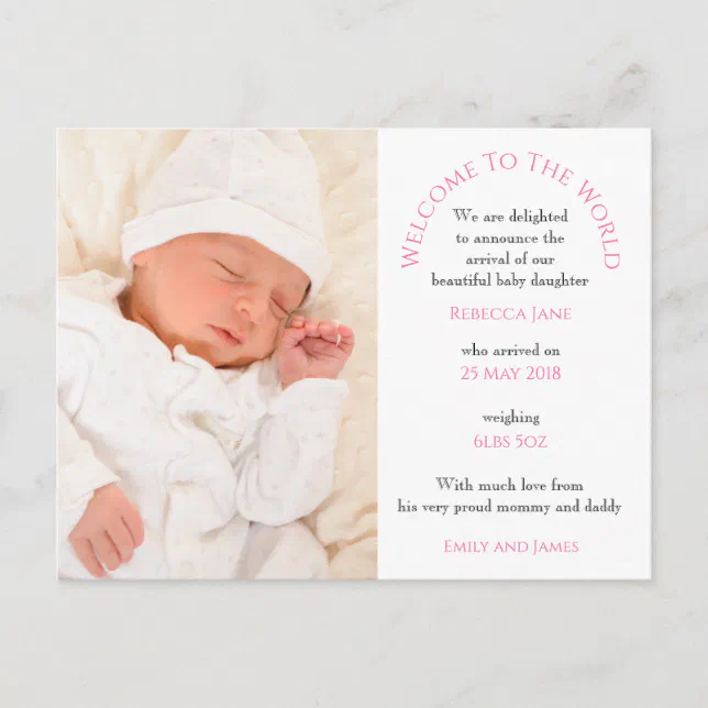 Welcome to the World Baby Girl Photo Text White Postcard | Zazzle
