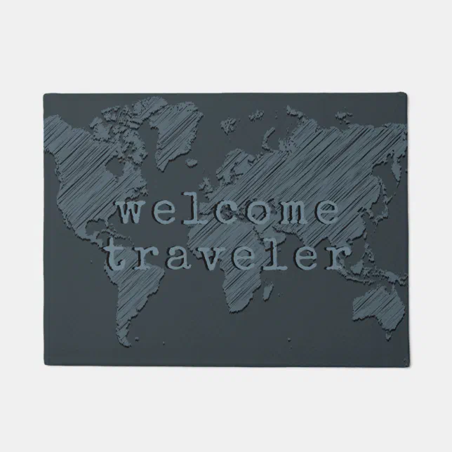 Welcome Traveler World Map Dark Gray Doormat | Zazzle