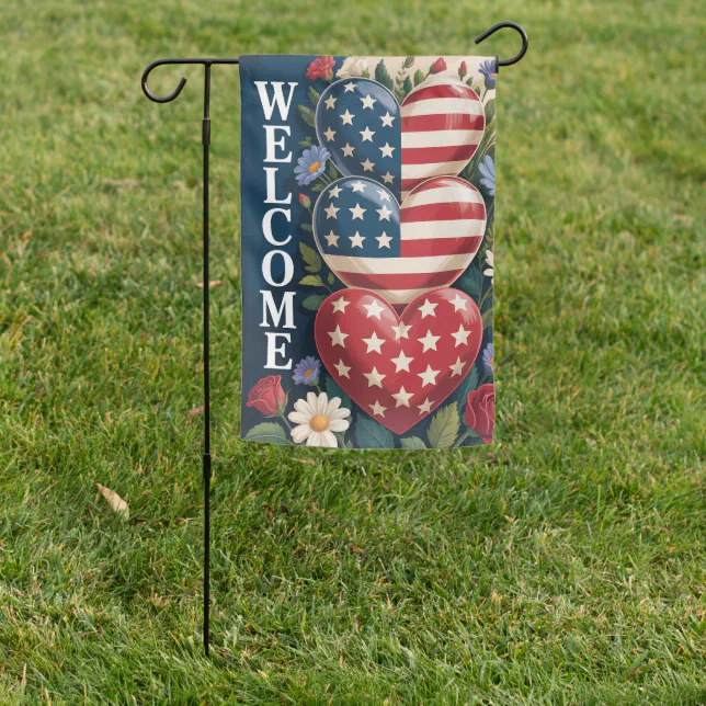 Welcome USA Hearts &Patriotic Floral Americana Garden Flag | Zazzle