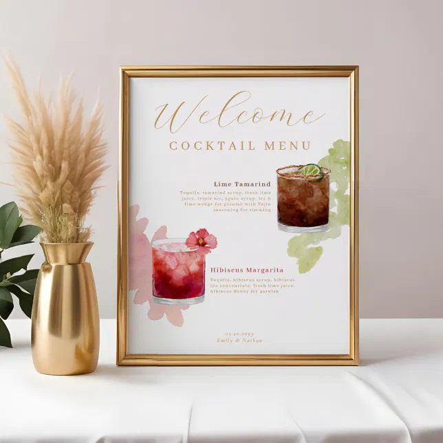 Welcome Watercolor Cocktails Wedding Drink Menu Poster | Zazzle