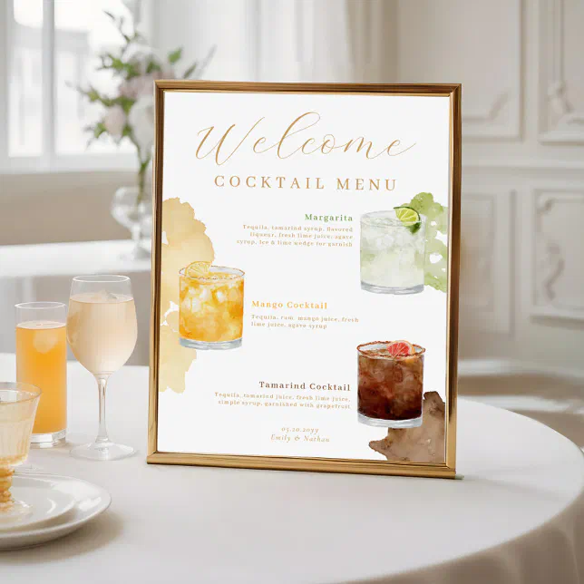 Welcome Watercolor Cocktails Wedding Drink Menu Poster | Zazzle