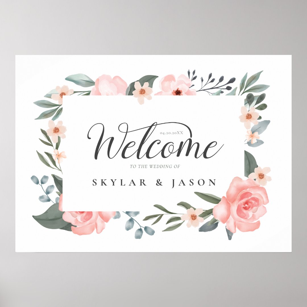 Welcome Watercolor Floral Rose & Foliage Frame Poster | Zazzle