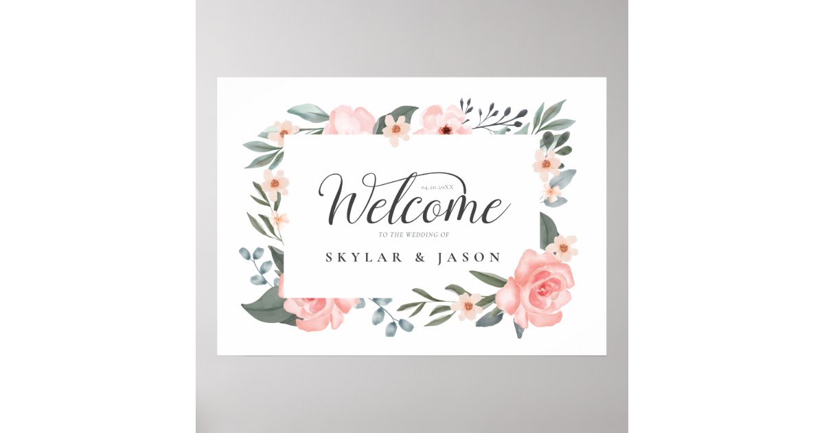 Welcome Watercolor Floral Rose & Foliage Frame Poster | Zazzle