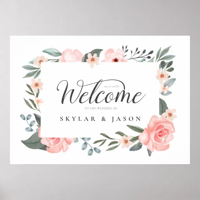 Welcome Watercolor Floral Rose & Foliage Frame Poster | Zazzle