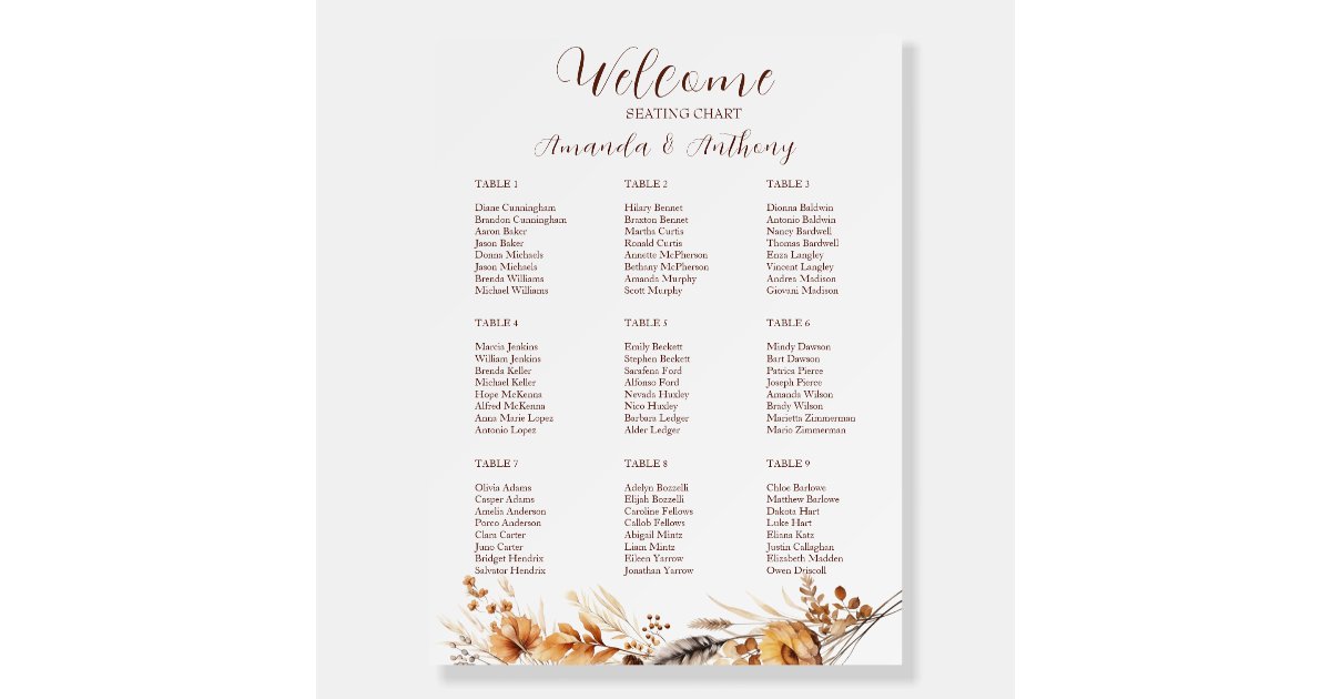 Welcome Wedding Autumn Seating Chart Foam Board | Zazzle