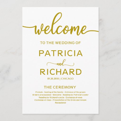 Welcome Wedding Ceremony Program Gold Calligraphy | Zazzle
