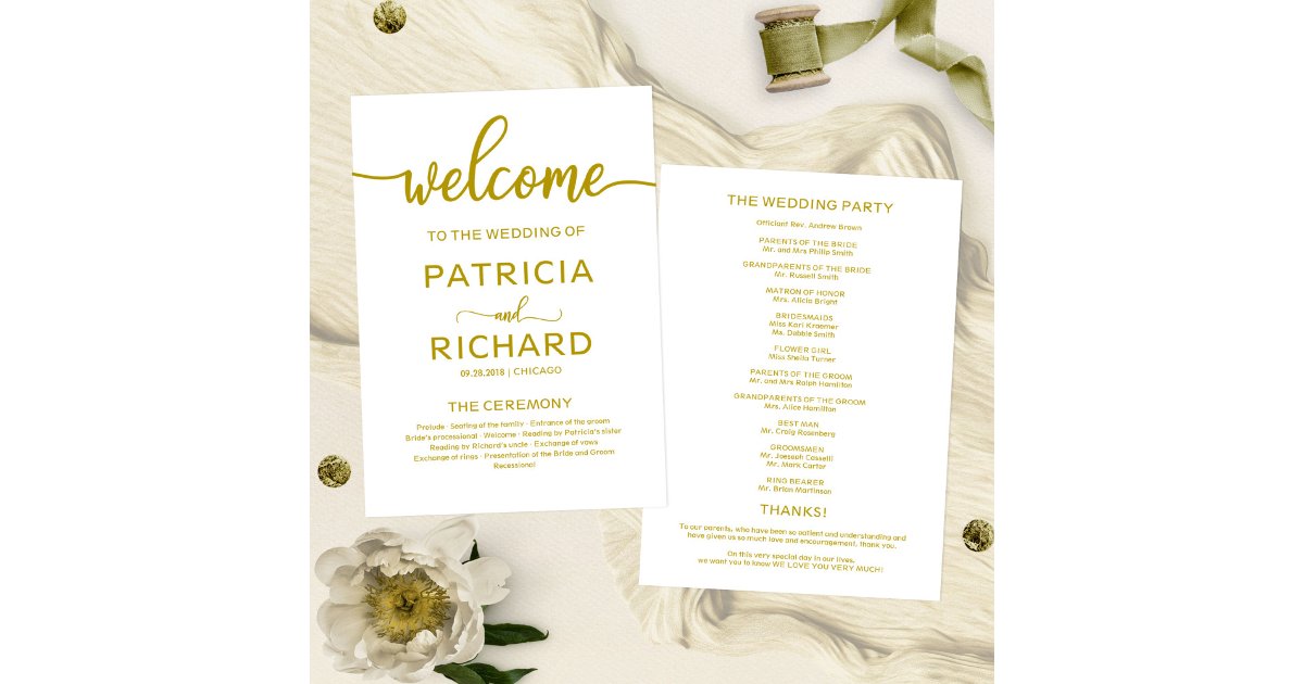 Welcome Wedding Ceremony Program Gold Calligraphy | Zazzle