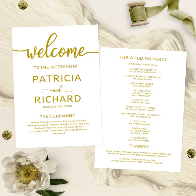 Welcome Wedding Ceremony Program Gold Calligraphy | Zazzle