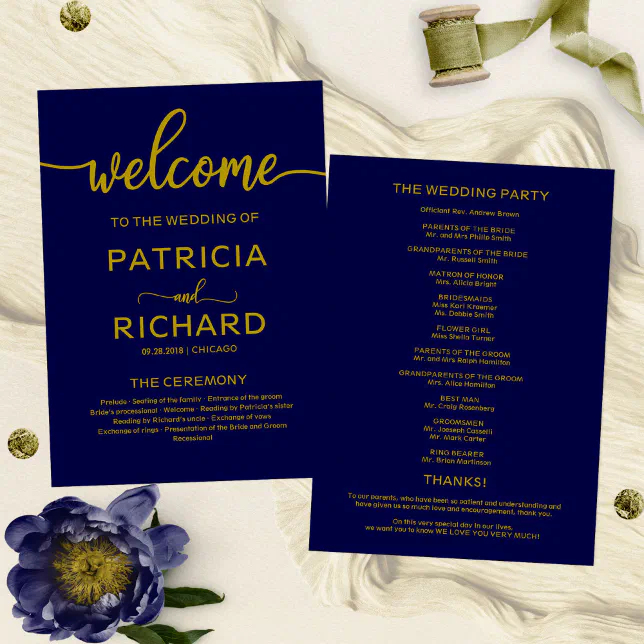 Welcome Wedding Ceremony Program Gold Navy Blue | Zazzle
