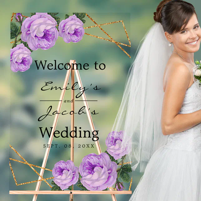 Welcome Wedding Gold Glitter Geo Purple Floral Acrylic Sign | Zazzle