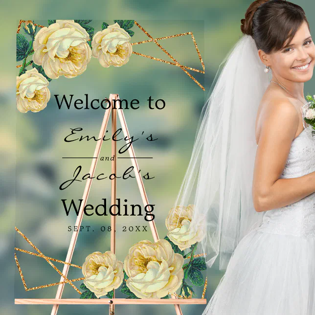 Welcome Wedding Gold Glitter Geo Yellow Floral Acrylic Sign | Zazzle
