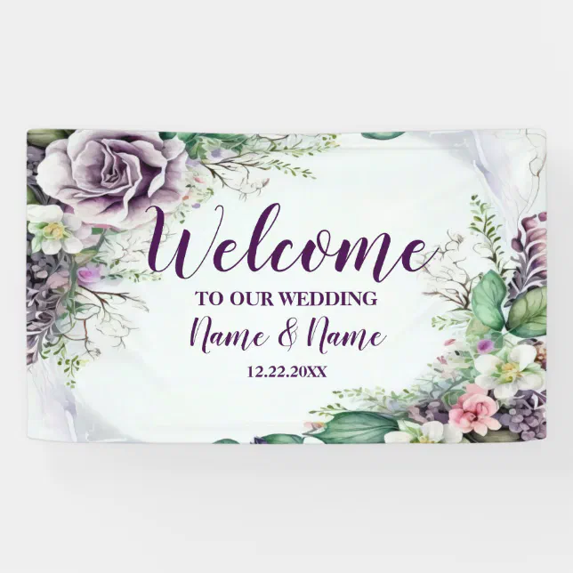 Welcome Wedding Party Purple Floral Green Foliage Banner | Zazzle