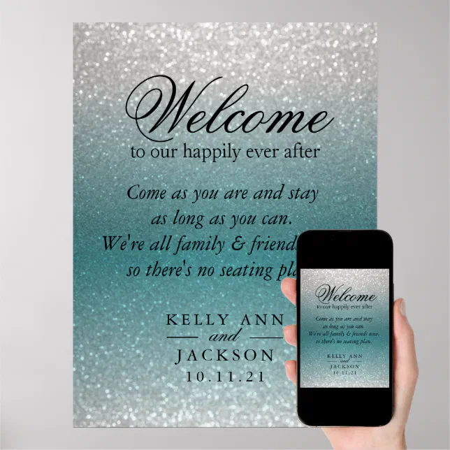 Welcome Wedding Seating - Teal and Silver Glitter Poster | Zazzle