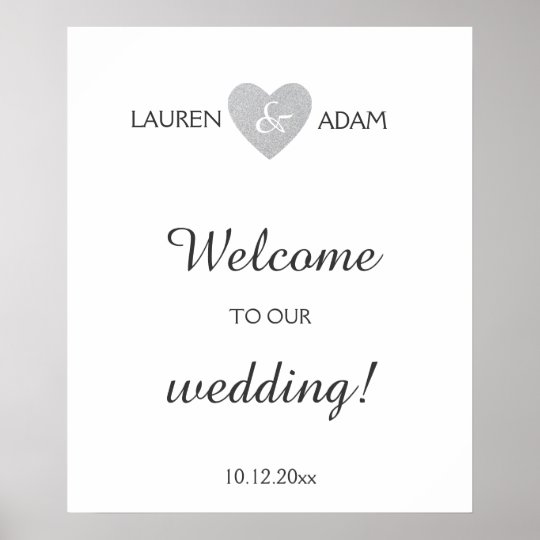 Welcome wedding sign silver glitter heart, custom | Zazzle.com