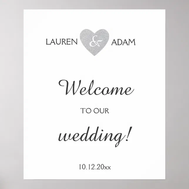 Welcome wedding sign silver glitter heart, custom | Zazzle