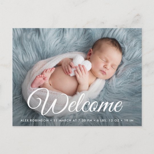 WELCOME | white script baby birth announcement Postcard | Zazzle.com