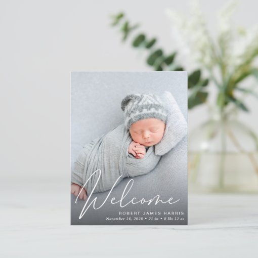 Welcome White Script Photo Overlay Birth Announcement Postcard | Zazzle