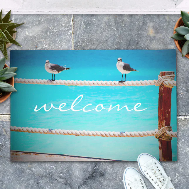 Welcome White Seagull Birds at Blue Ocean Photo Doormat | Zazzle