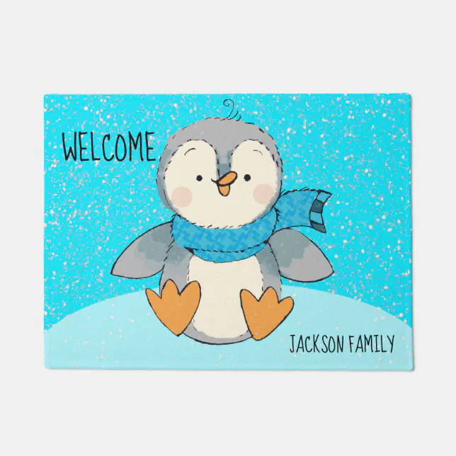 Welcome Winter Penguin Custom Doormat | Zazzle