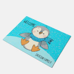 Welcome Winter Penguin Custom Doormat | Zazzle