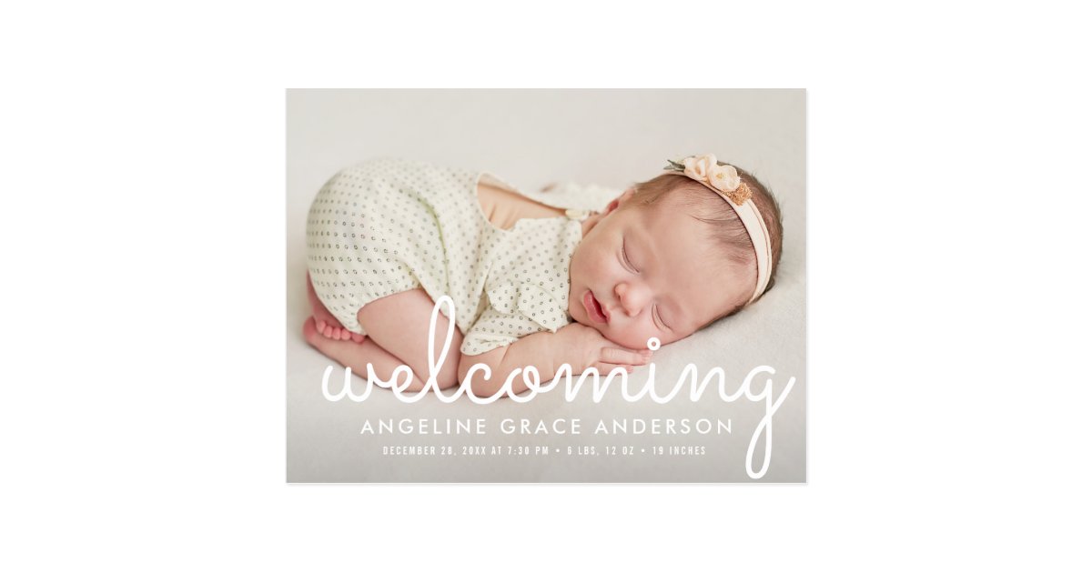 Welcoming | fun script baby announcement postcard | Zazzle.com