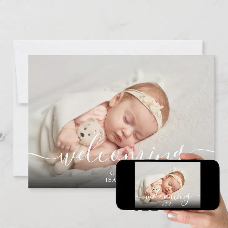 Welcoming Script Baby Girl Pink Photo Birth Announcement | Zazzle