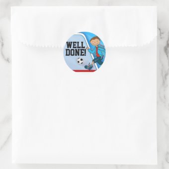 Well done! boys blue football soccer sticker | Zazzle