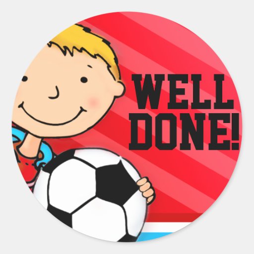 Well done! boys blue football soccer sticker | Zazzle