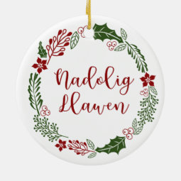 Welsh Merry Christmas Wreath, Nadolig Llawen Ceramic Ornament | Zazzle